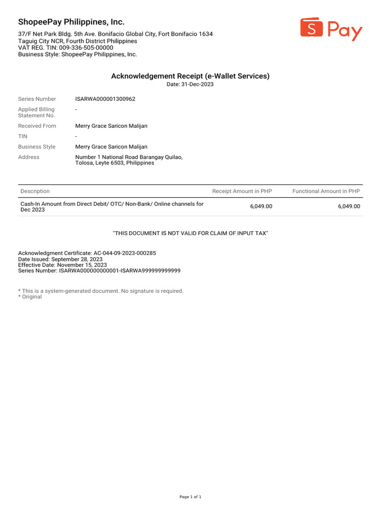 ShopeePay Acknowledgement Receipt (Dec 2023) | PDF