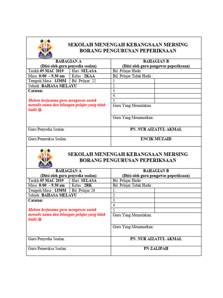 Label Kertas Ujian Mac Tahun 2019 | PDF