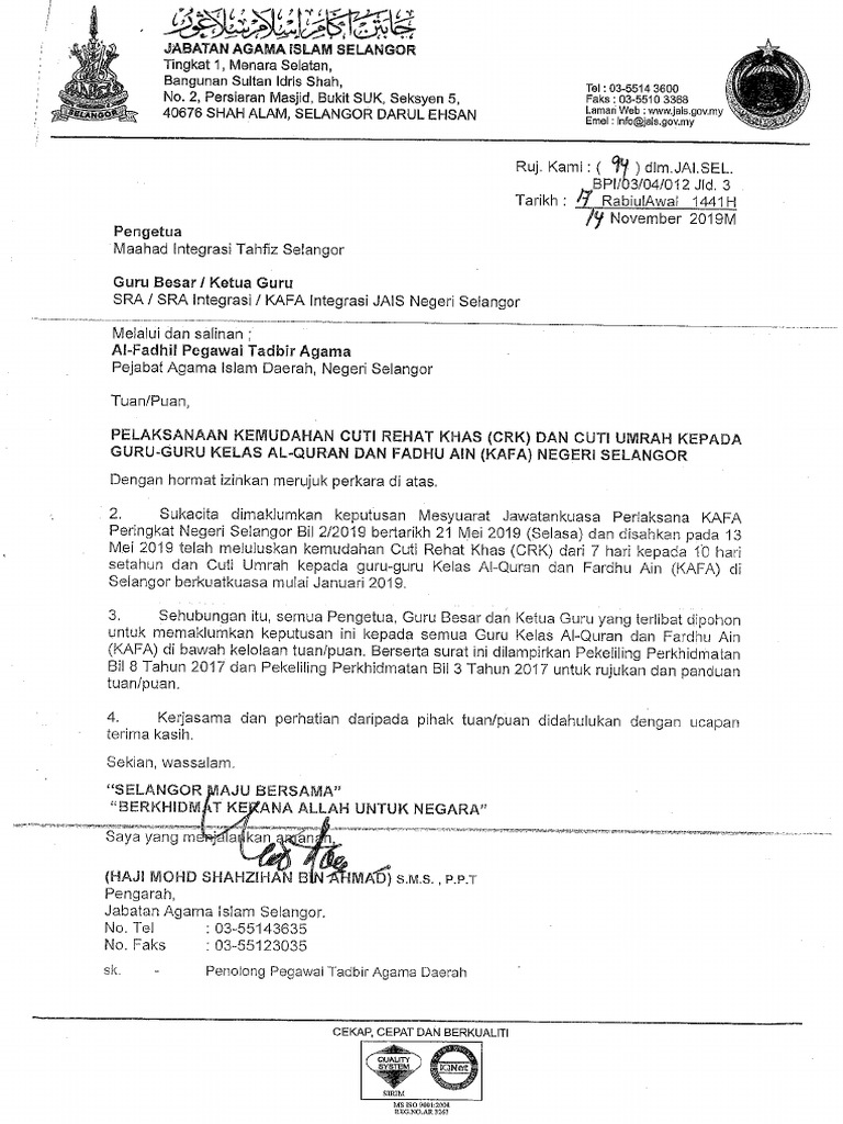 Pelaksanaan Kemudahan Cuti Rehat Khas Dan Cuti Umrah Kepada Guru KAFA ...