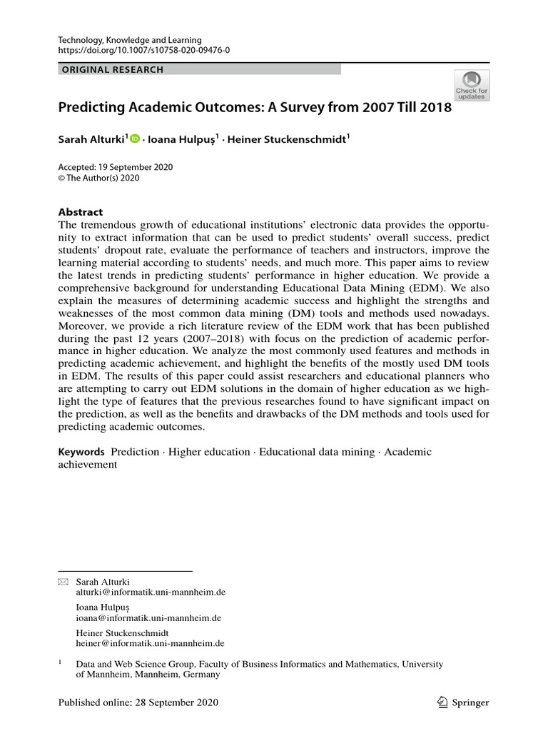 Predicting Academic Outcomes - A Survey From 2007 Till 2018 | PDF ...