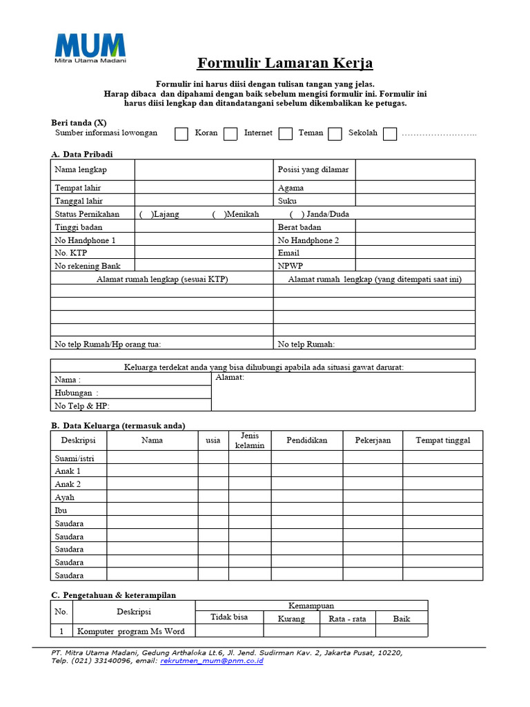 Formulir Lamaran Kerja PT Mitra Utama | PDF