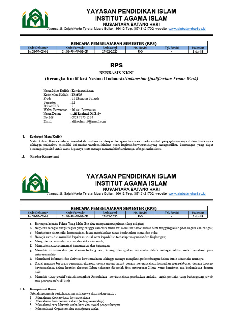 RPS KEWIRAUSAHAANN ESy III A (Recovered) .Docmm | PDF | Karier & Perkembangan | Bisnis