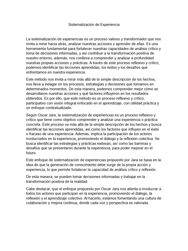 Sistematización de Experiencias | PDF | Experiencia | Aprendizaje