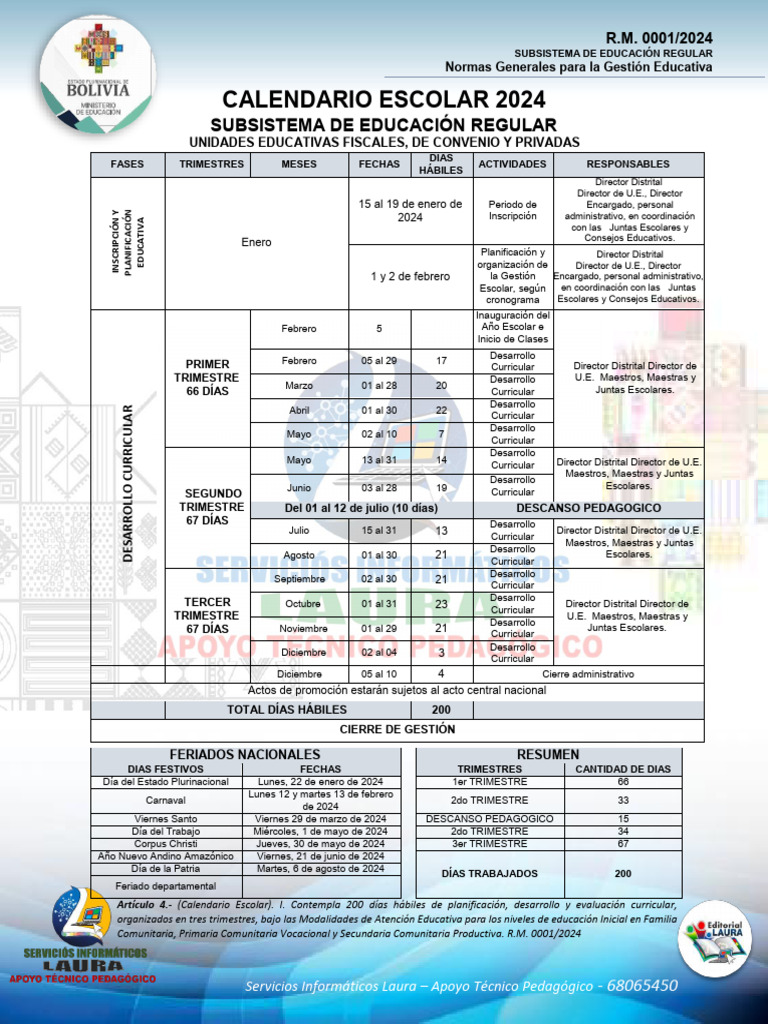 Calendario Escolar 2024 - Educacion Regular - Oficial | PDF