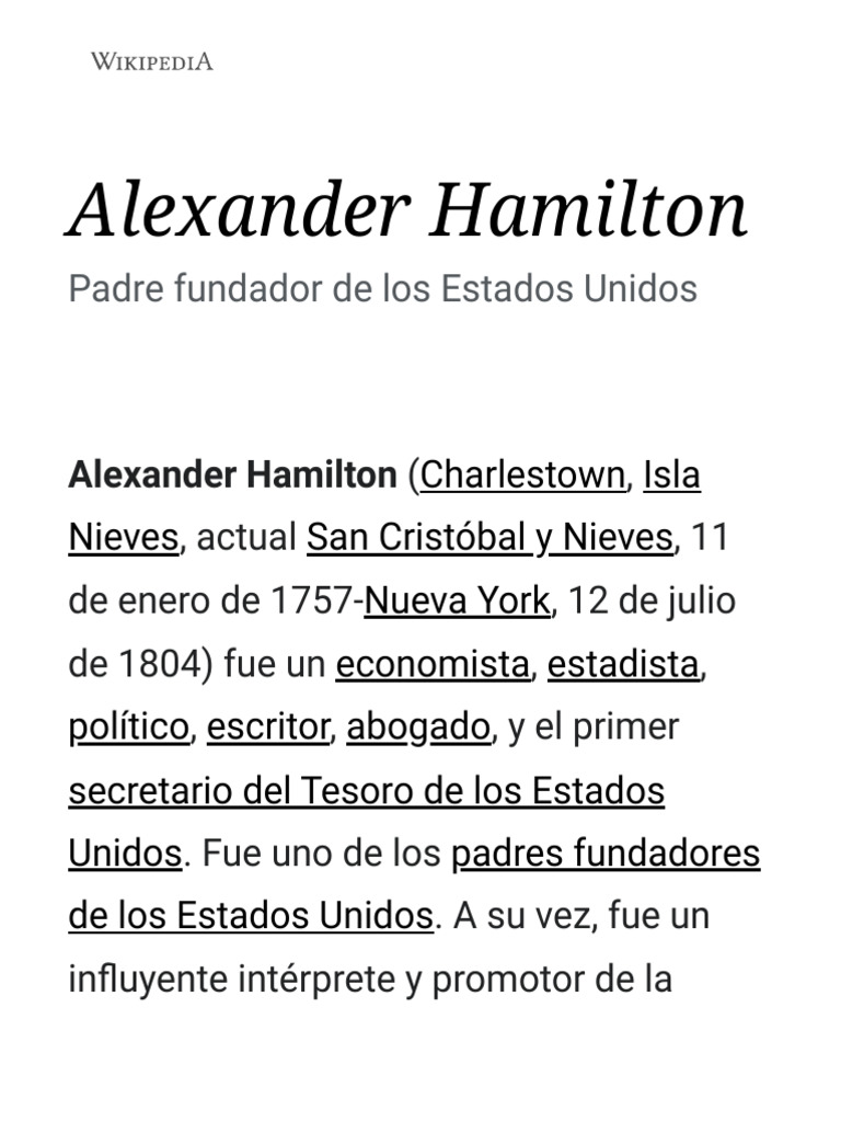 Alexander Hamilton - Wikipedia, La Enciclopedia Libre | PDF | Alexander ...