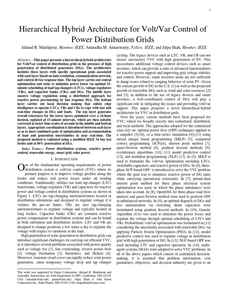 Hierarchical Hybrid Architecture For Volt Var Control of Power Distribution Grids | PDF ...