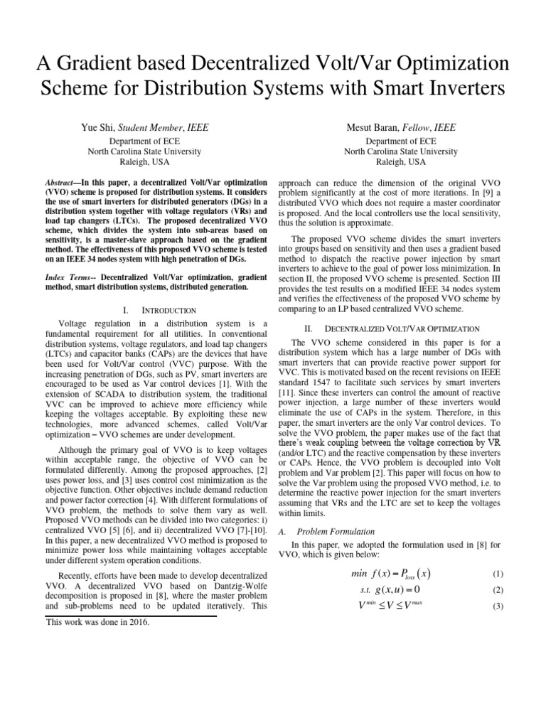 A Gradient Based Decentralized VoltVar Optimization Scheme For Distribution Systems With Smart ...