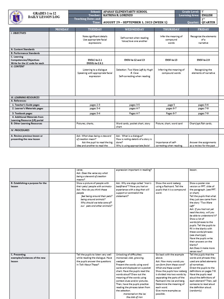 DLL - English 5 - Q1 - W1 | PDF