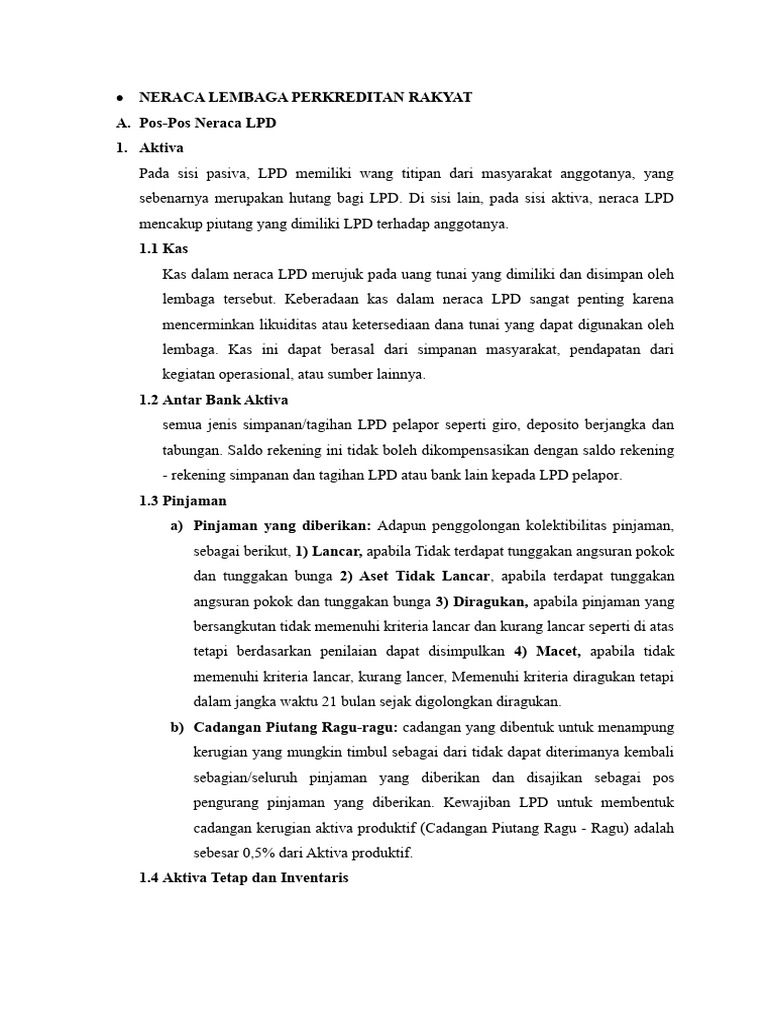 Neraca Lembaga Perkreditan Rakyat - RINGKASAN LPD BAB 9 | PDF