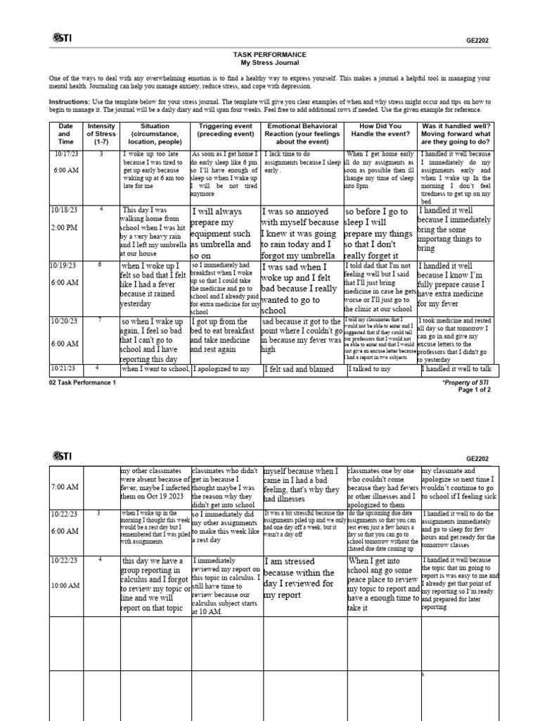 02 Task Performance 1 | PDF | Stress (Biology) | Sleep