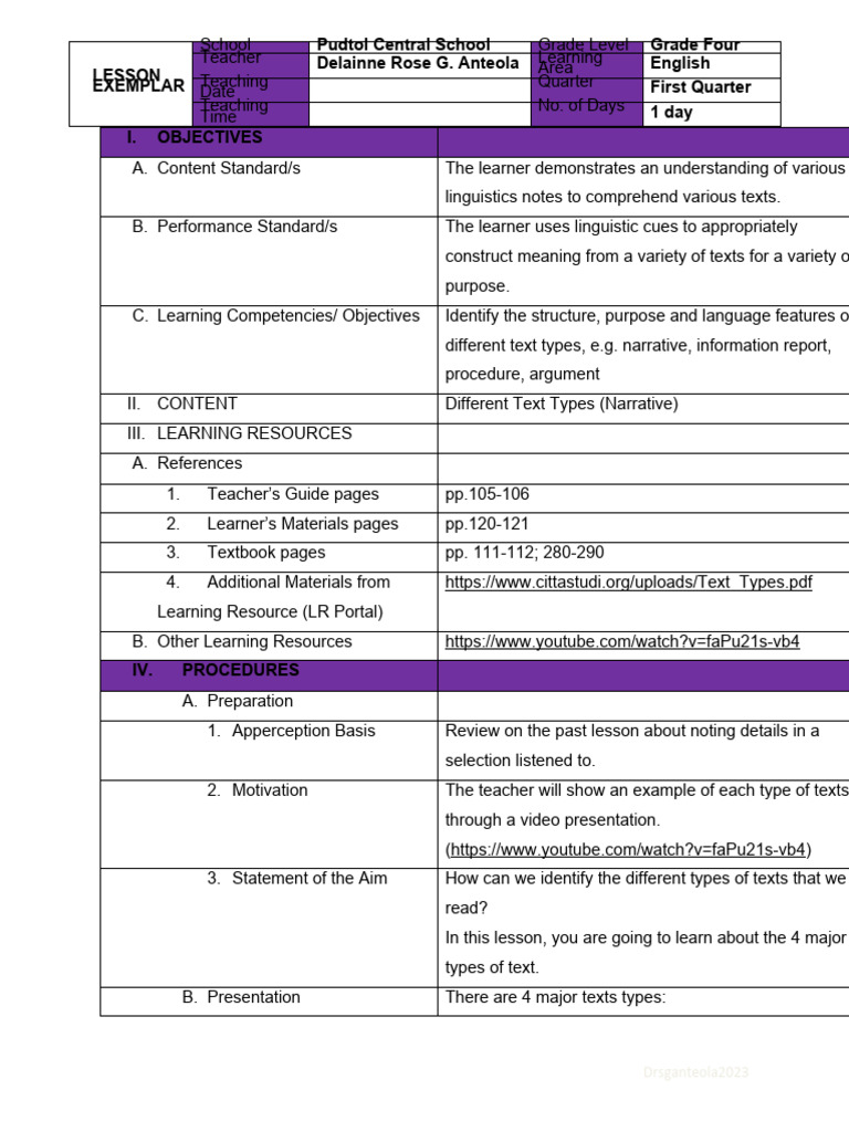 lesson exemplar on english 4 quarter 1 | PDF | Learning | Teachers