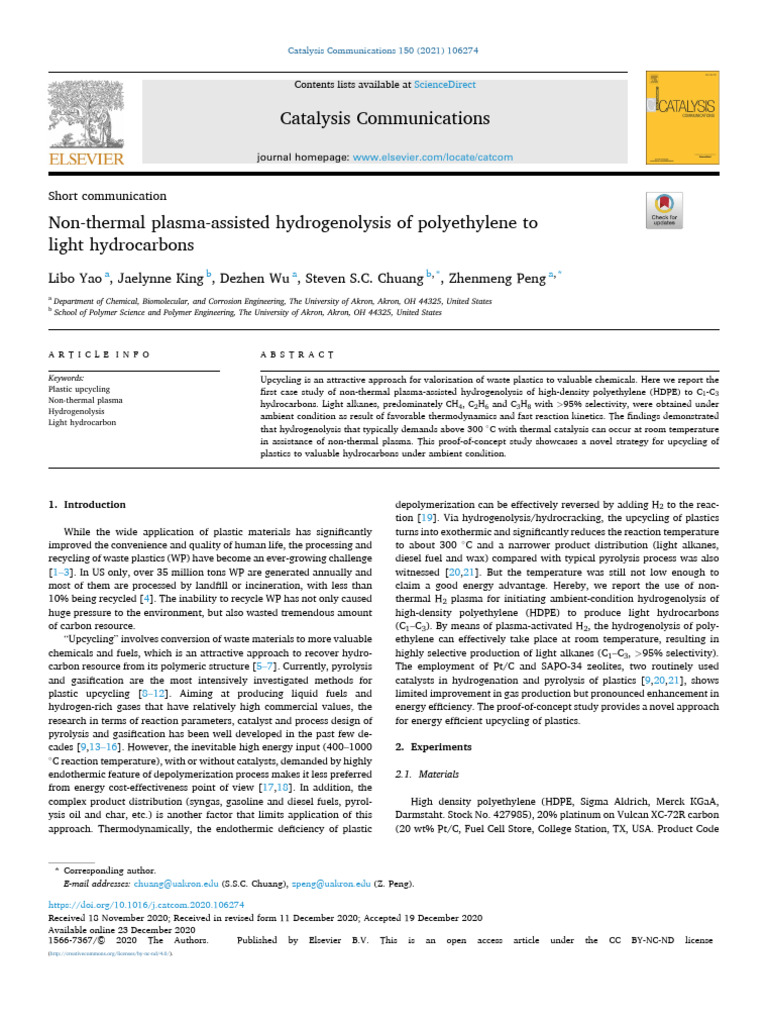 Non Thermal Plasma, Libo Yao Et Al | PDF | Catalysis | Pyrolysis
