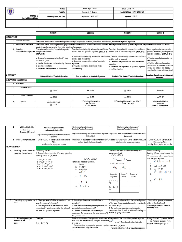 DLL WK 3 LC 345 | PDF | Quadratic Equation | Equations