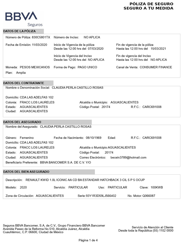 Seguro Auto BBVA Bancomer 2020 | PDF | Póliza de seguros | Seguro
