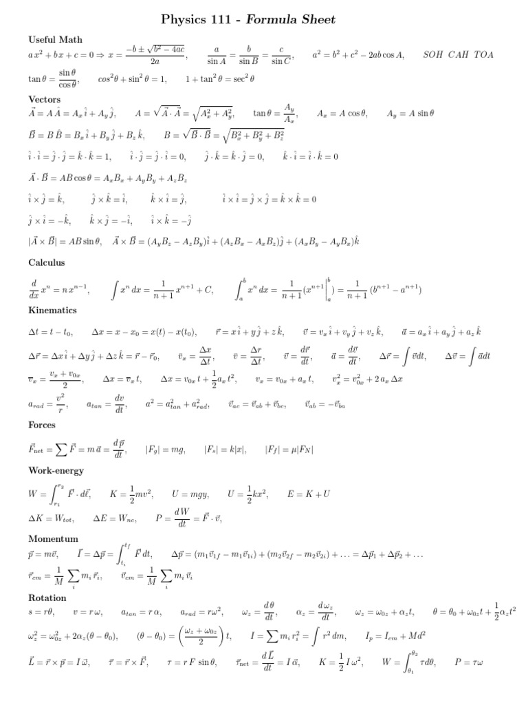 Physics 111 Essential Formula Sheet | PDF