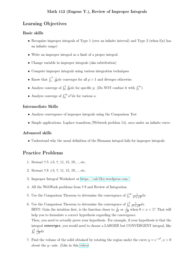 Review of Improper Integrals | PDF | Integral | Mathematical Concepts