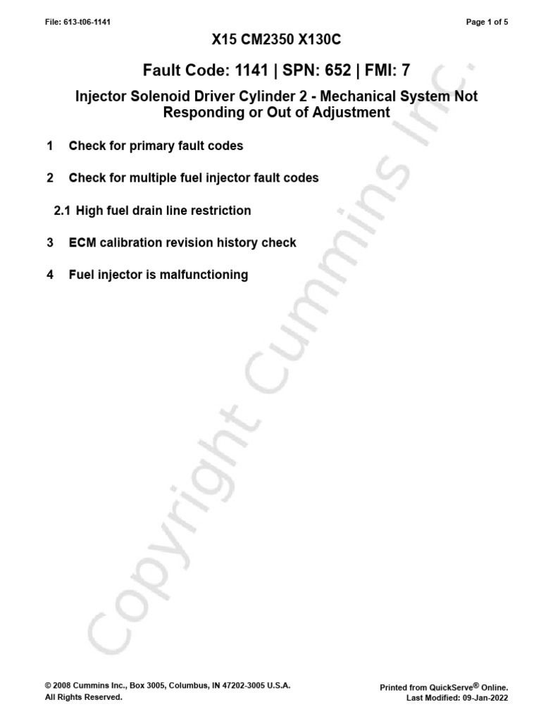 Fault Code: 1141 - SPN: 652 - FMI: 7: X15 CM2350 X130C | PDF