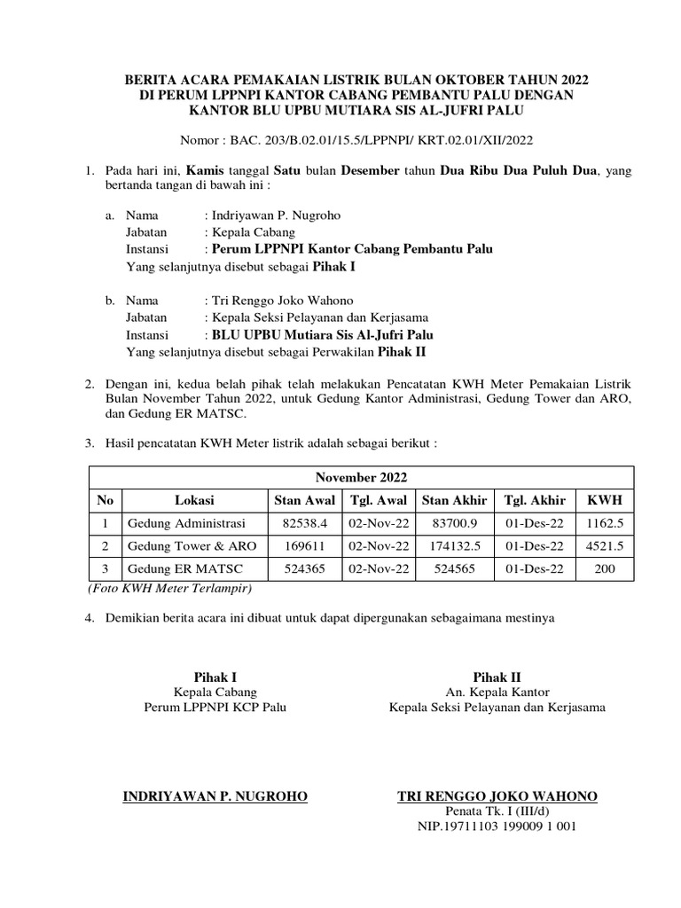 Contoh BA Tagihan Listrik | PDF