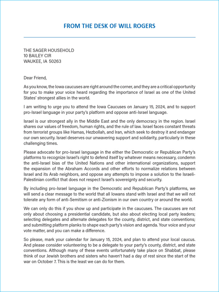 Will Rogers Caucus Letter | Download Free PDF | Anti Zionism | Israel