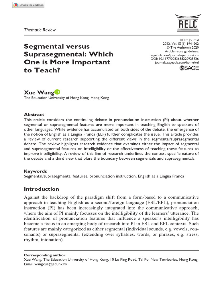 Segmental vs. Suprasegmental in Pronunciation Teaching | PDF | English As A Second Or Foreign ...