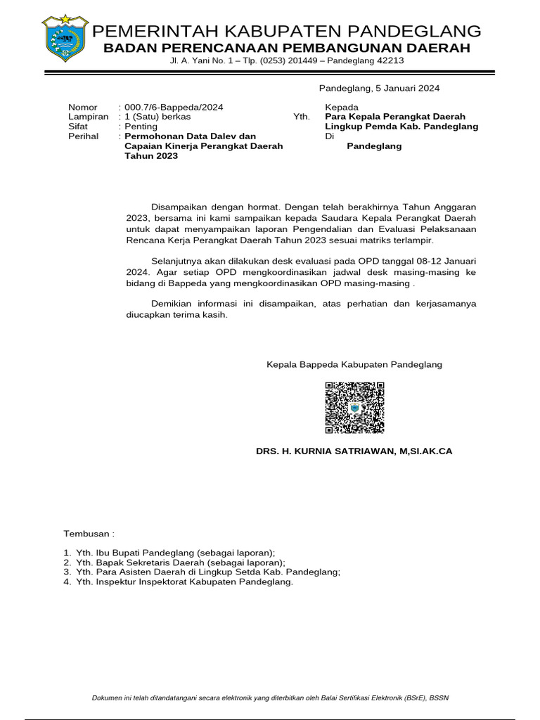 Surat Permohonan Data Dalev Capaian Kinerja OPD Tahun 2023-OK | PDF