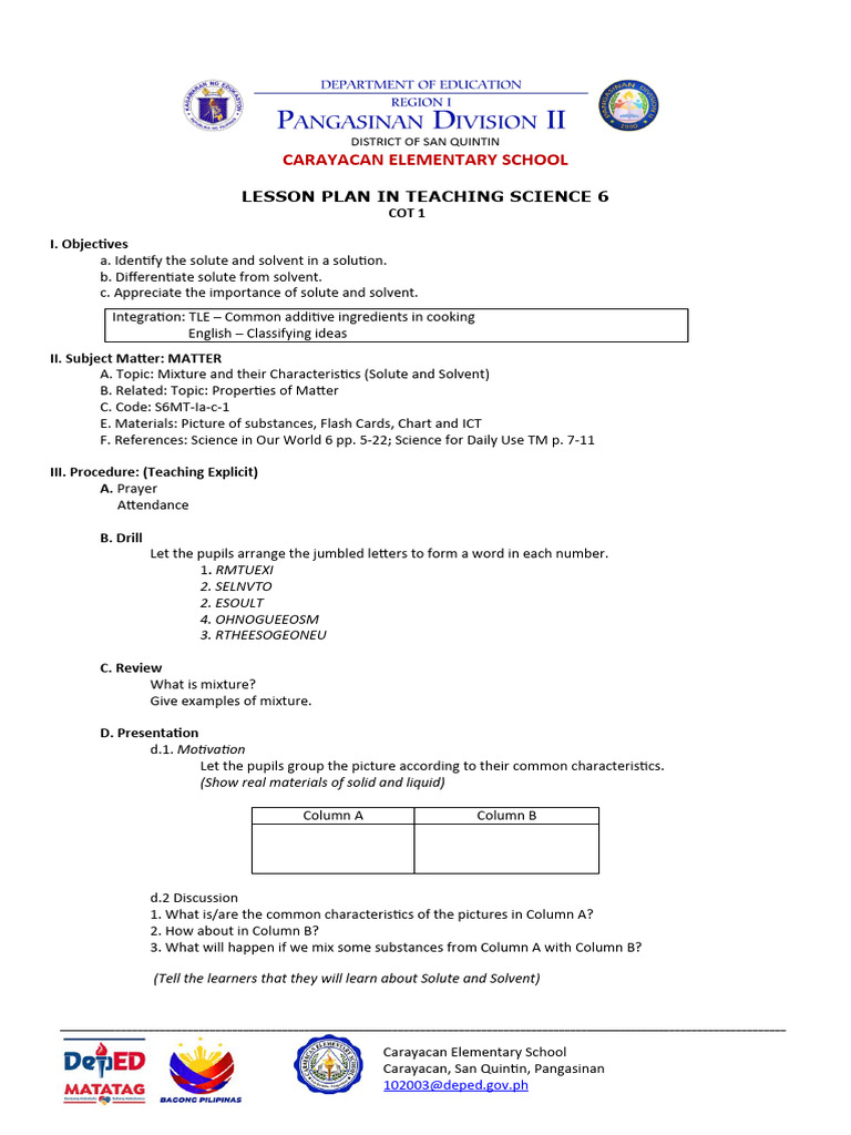 Matatag Curriculum Melcs Deped Science 6 1st Quarter Exam In Esp
