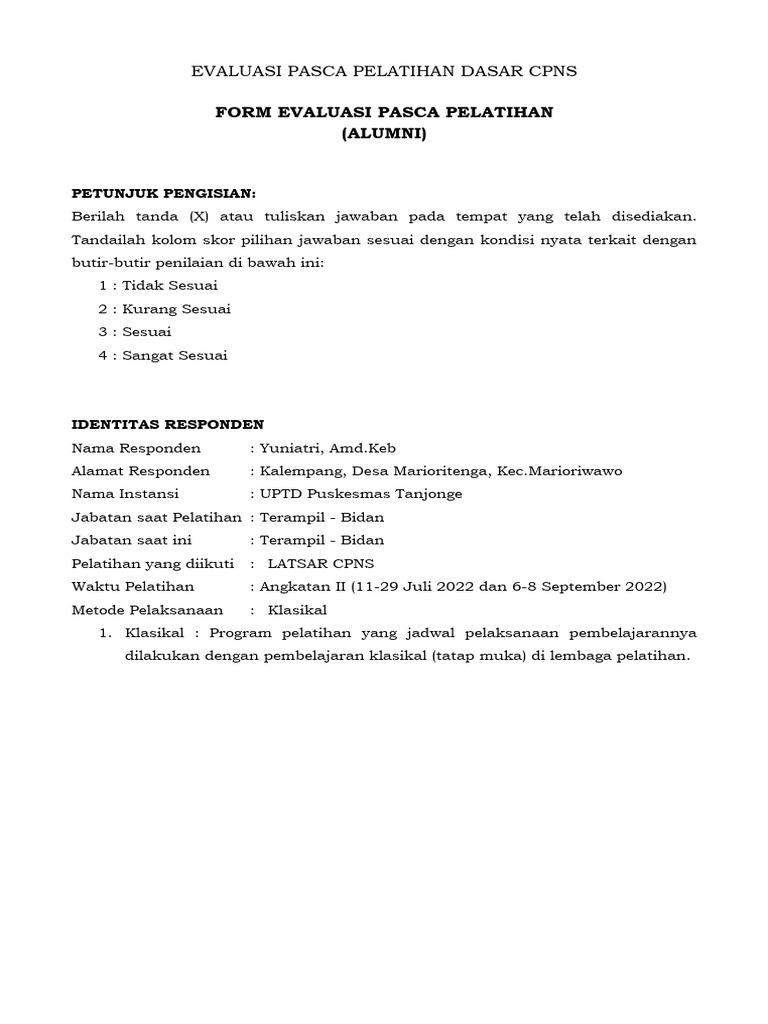 Form Evaluasi Pasca Pelatihan Dasar CPNS (Alumni) | PDF Form Evaluasi Pasca Pelatihan Dasar CPNS (Alumni) | PDF