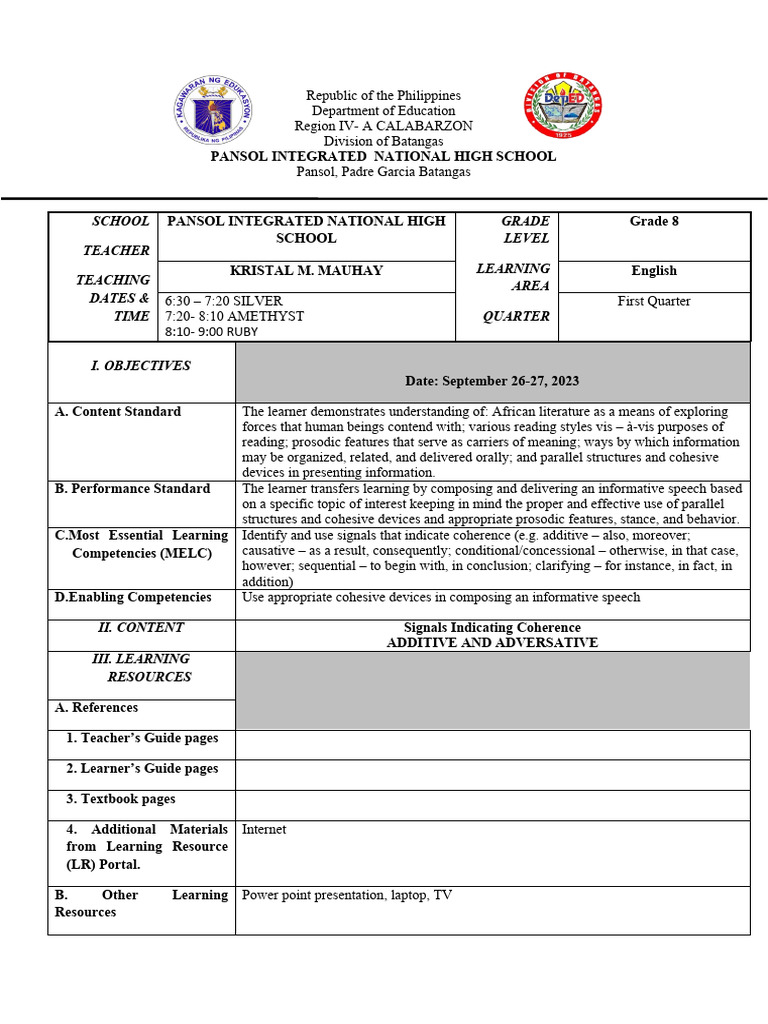 Grade 8 English Lesson Plan on Coherence | PDF | Language Arts ...