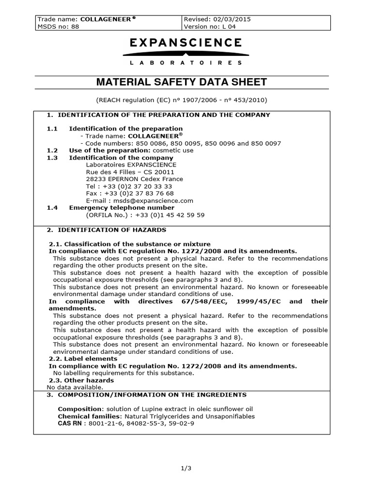 2015 MSDS Collageneer | PDF | Chemistry | Physical Sciences