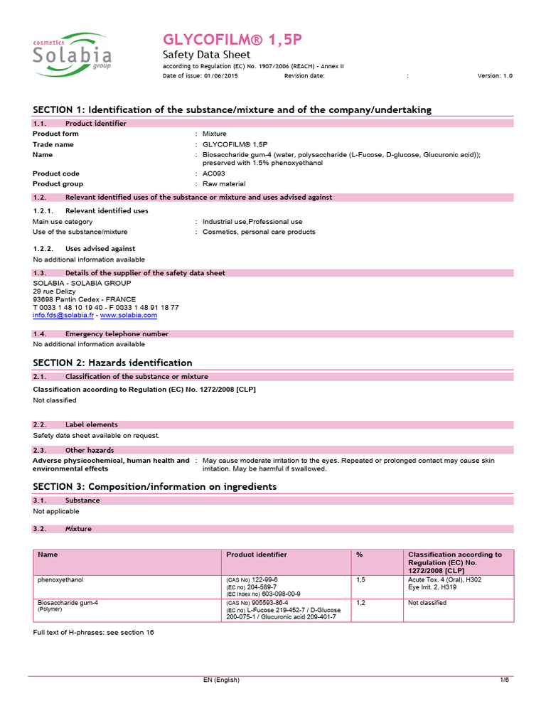 2015 - MSDS - Glycofilm 1.5P | PDF | Dangerous Goods | Personal Protective Equipment