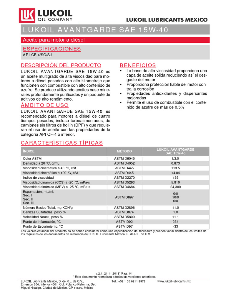 Aceite LUKOIL AVANTGARDE SAE 15W-40 | PDF