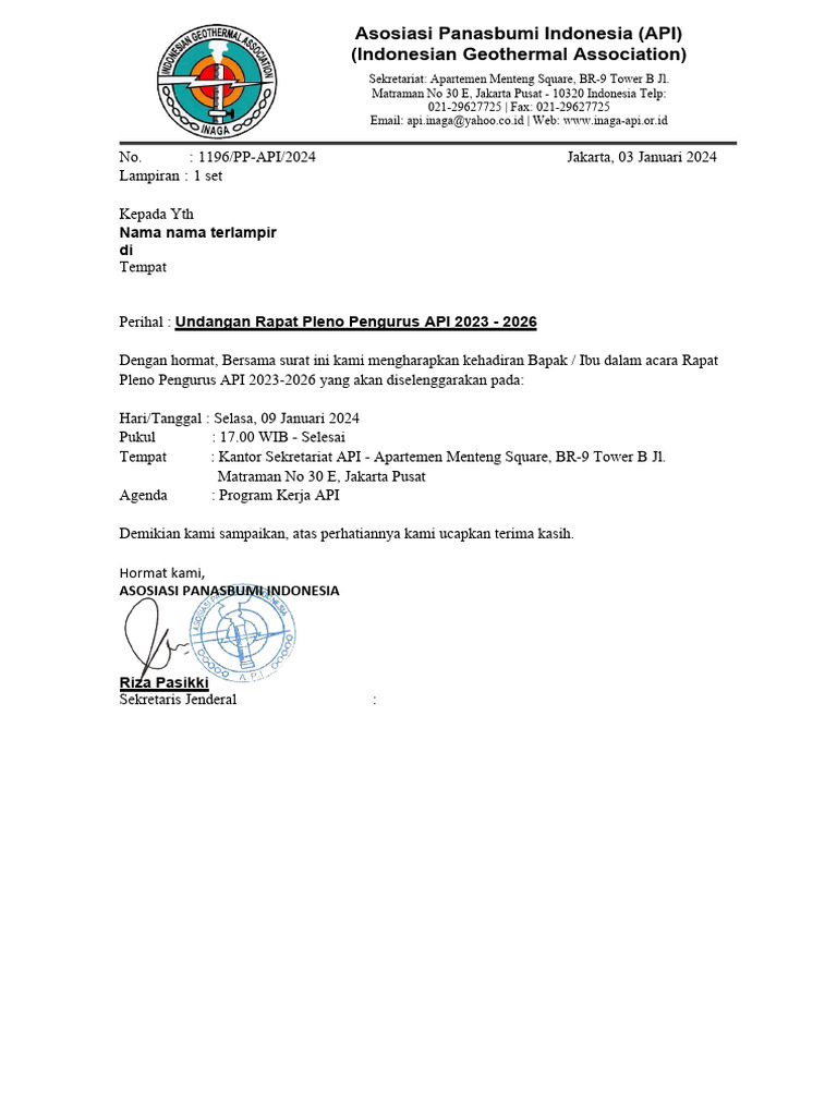 1196 - PP-API - 2024 - Undangan Rapat Pleno Pengurus API 2023 - 2026 | PDF
