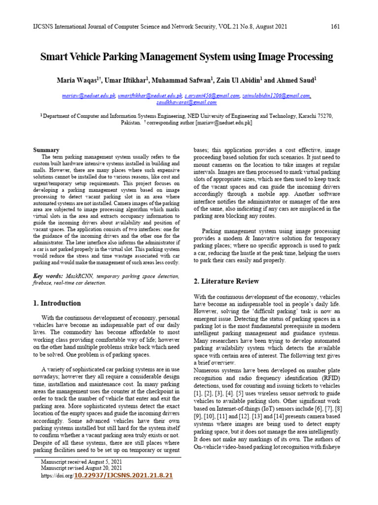 Smart Vehicle Parking Management System using Image Processing | PDF ...