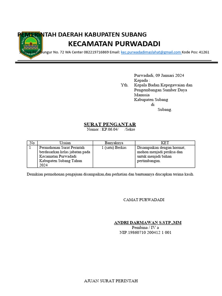 Surat - Pengantar-Permohonan SP Ke BKPSDM Asep Dedi | PDF