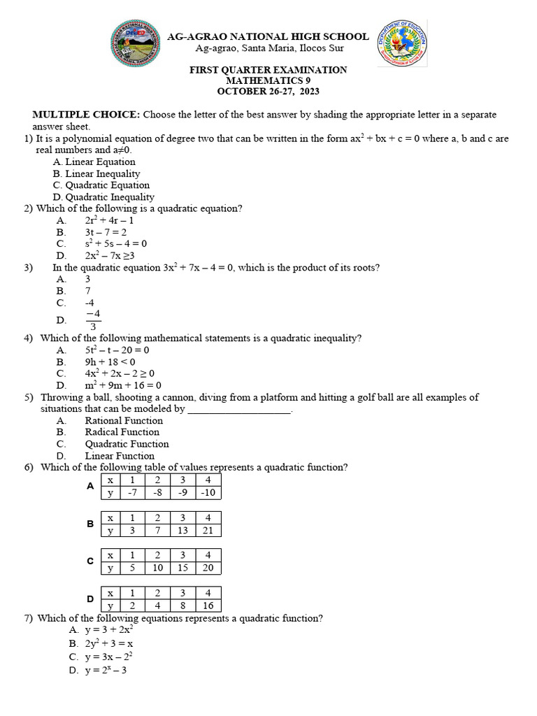 Mathematics 9 First Quarter Exam Guide | PDF | Quadratic Equation ...