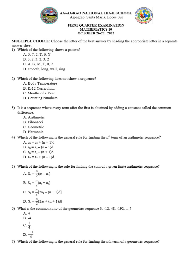 Math 10 1ST Quarter Exam 2023-24 | PDF | Factorization | Mathematical Objects