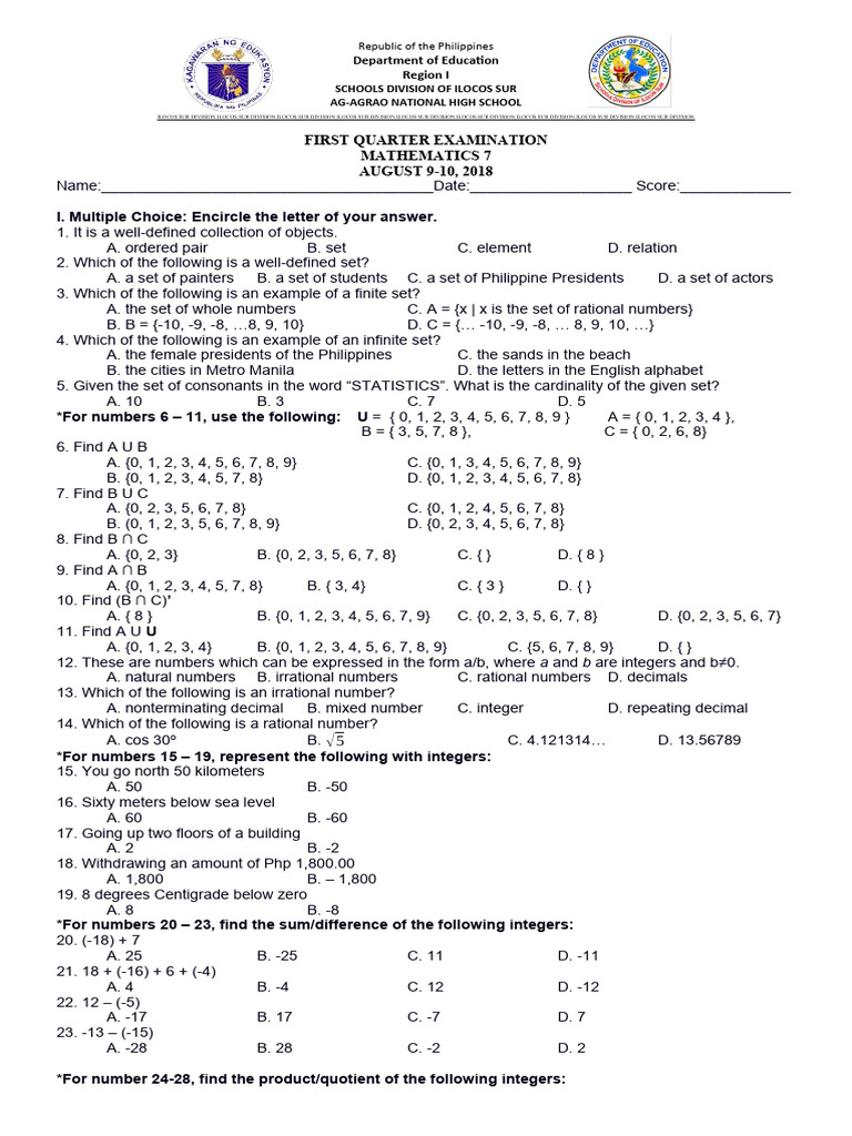 Grade 7 Math First Quarter Exam | PDF | Teaching Methods & Materials