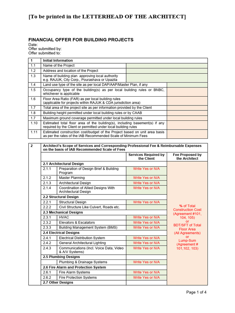 Mandatory Template For Financial Offer For Building Projects | PDF ...