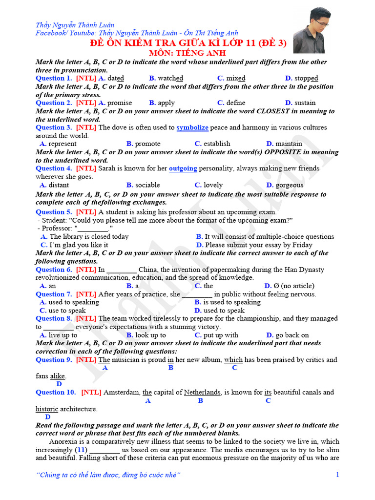 ĐỀ ÔN KT GIỮA KÌ LỚP 11 2023-2024 (Đề 3) | PDF
