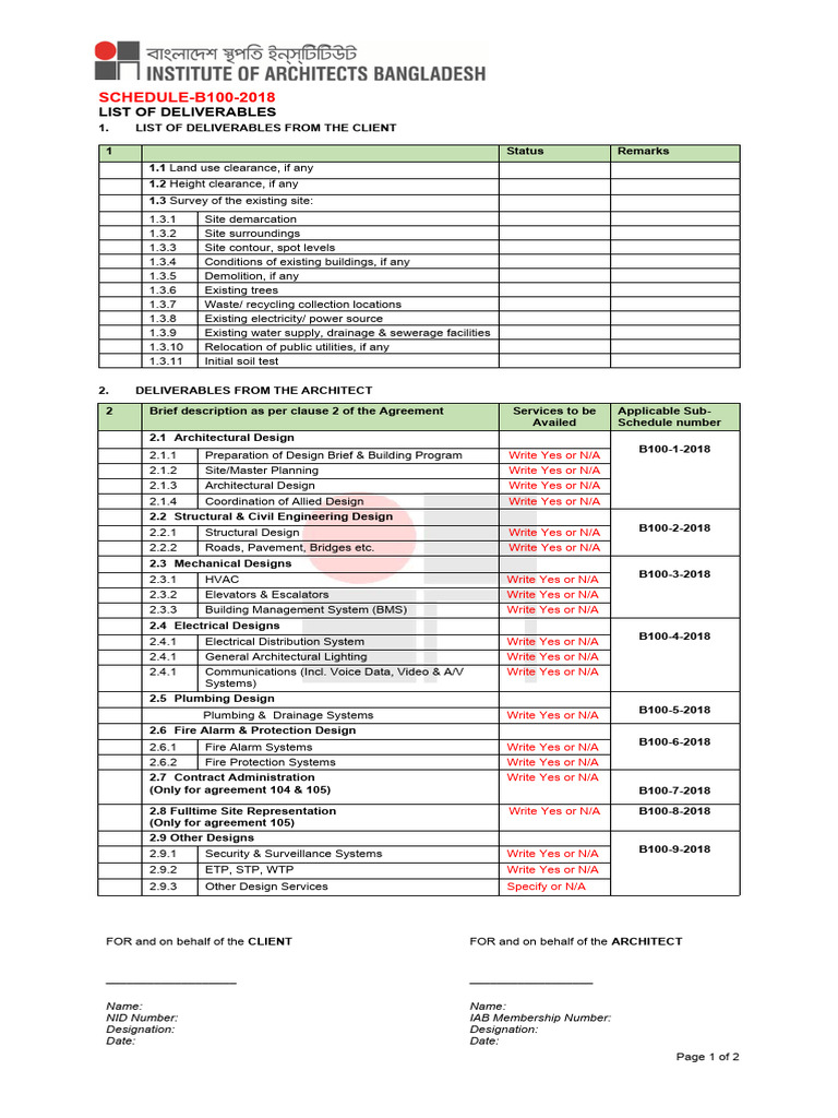2018-Schedule-B100 List of Deliverables For Building Projects | PDF ...
