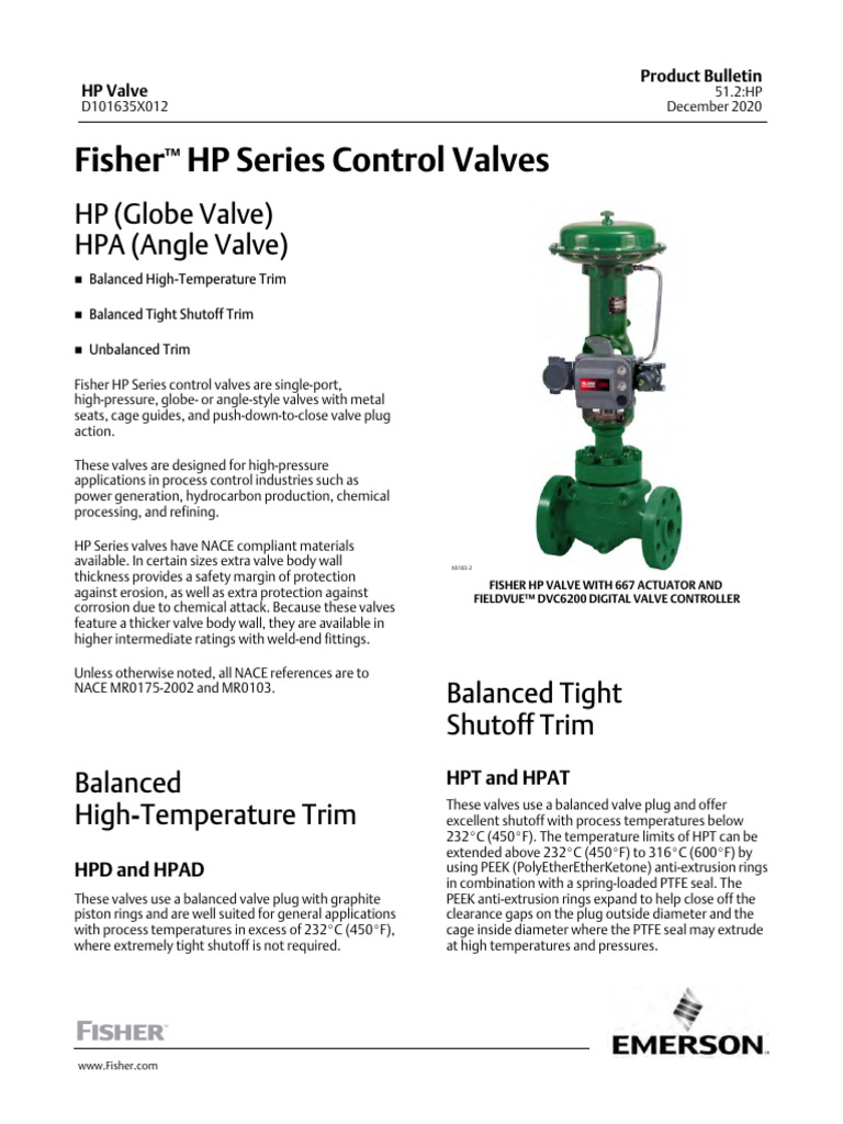 Product Bulletin Fisher HP Series Control Valves en 123584 | PDF