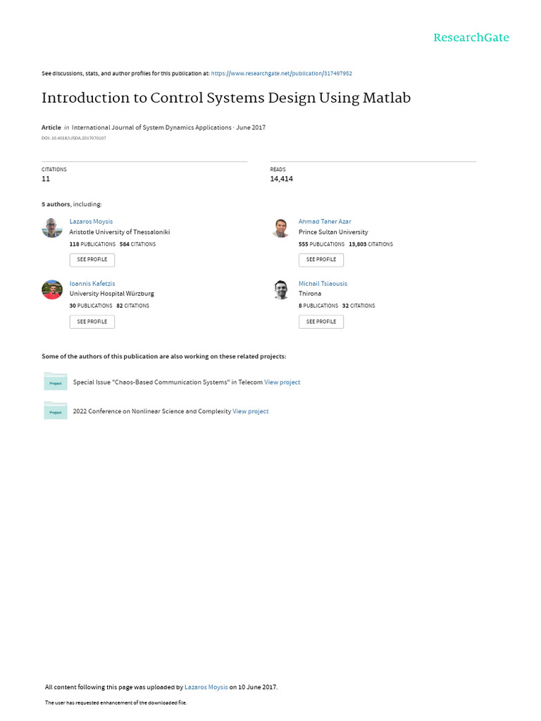 Introduction To Control Systems Design Using Matlab | PDF | Control ... Introduction To Control Systems Design Using Matlab | PDF | Control ...