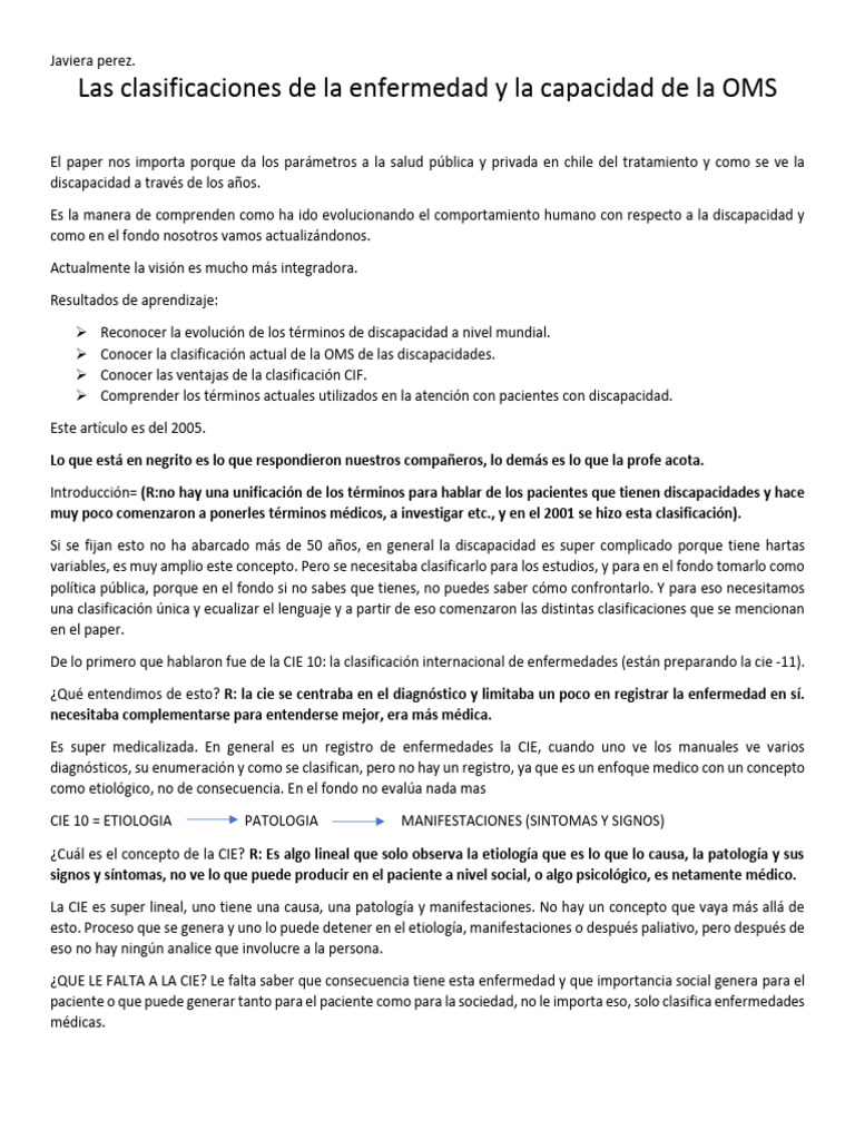Clasificaciones de La Enfermedad y La Capacidad de La OMS, Revision ...