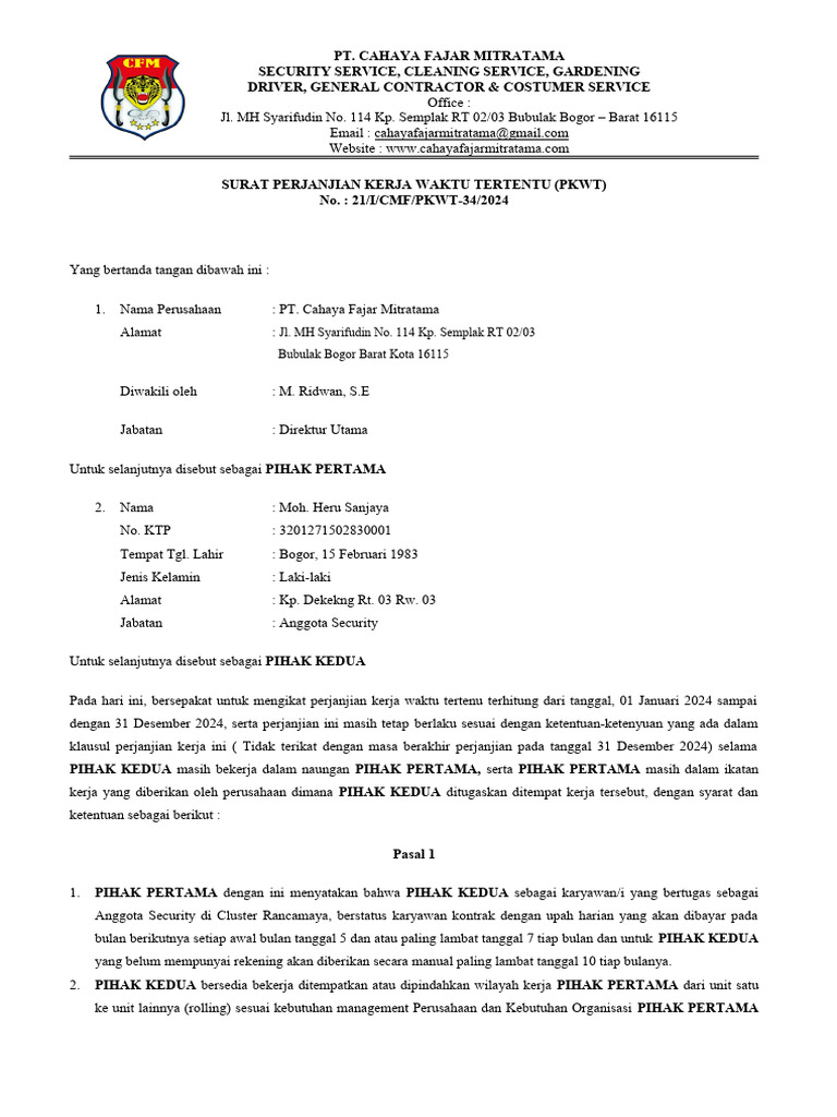 Contoh SURAT PERJANJIAN KERJA WAKTU TERTENTU | PDF