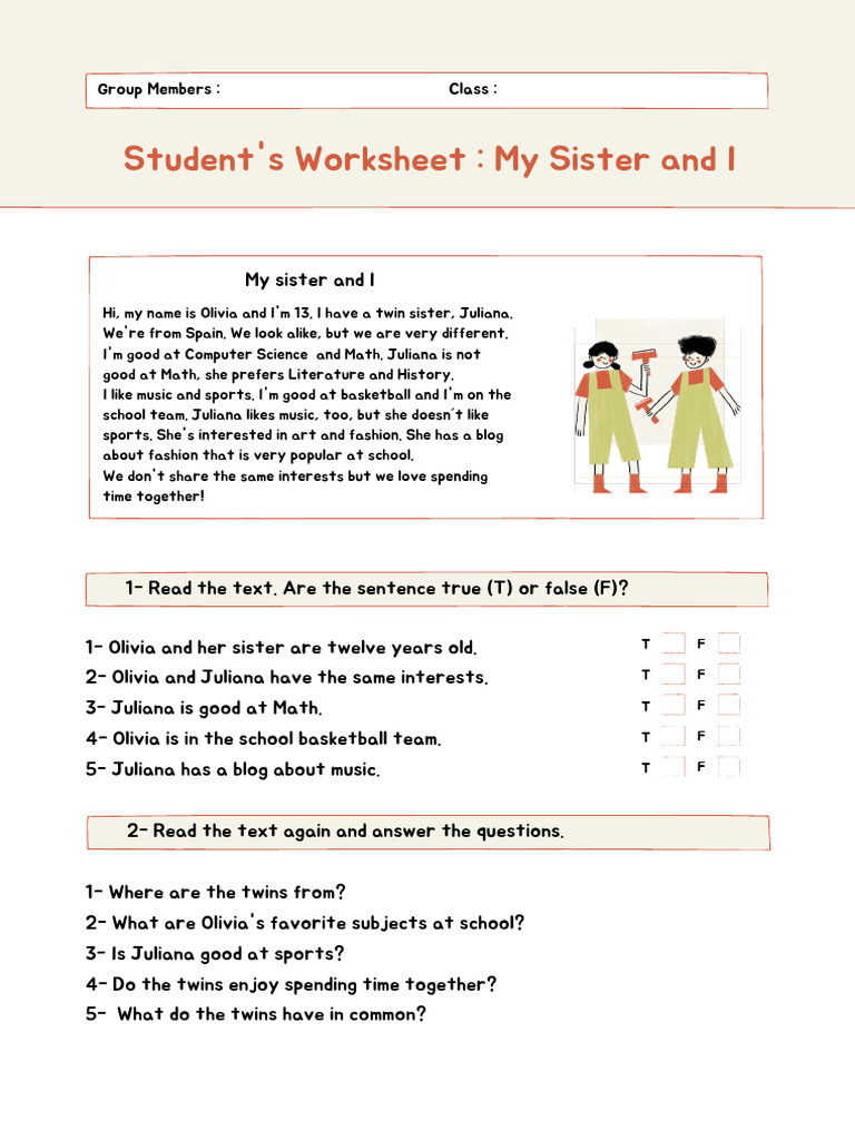 Cream and Orange Illustrative Reading Comprehension My Sister and I ...