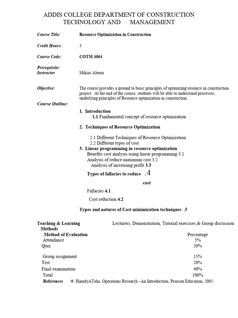 Resource Optimization Course Outline Pdf