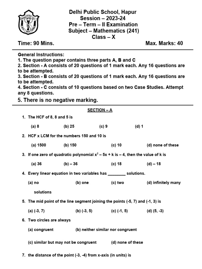 Class 10 Math Exam Paper | PDF | Circle | Area