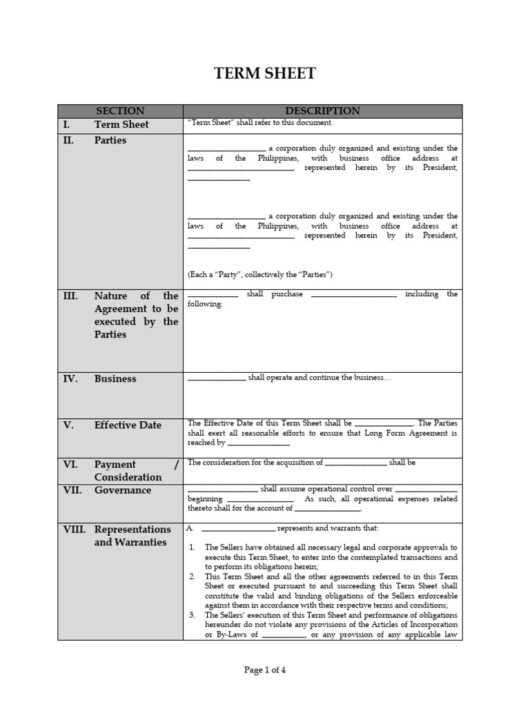 Template-Term Sheet | Download Free PDF | Taxes | Expense
