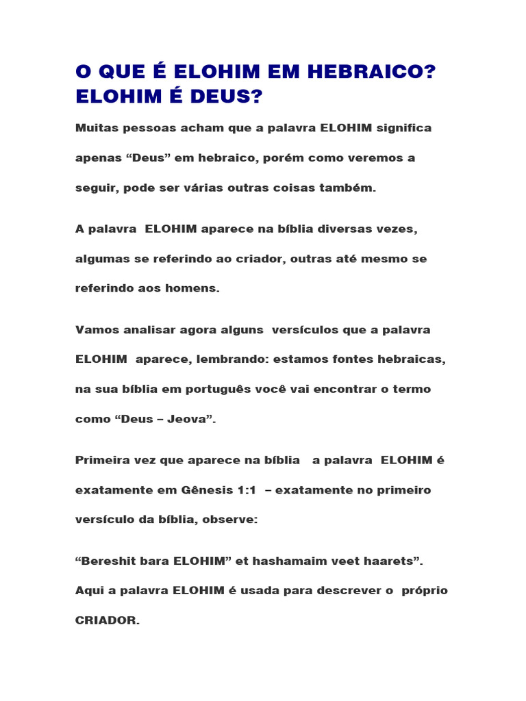 O Que É Elohim em Hebraico | PDF | Deus | Palavra