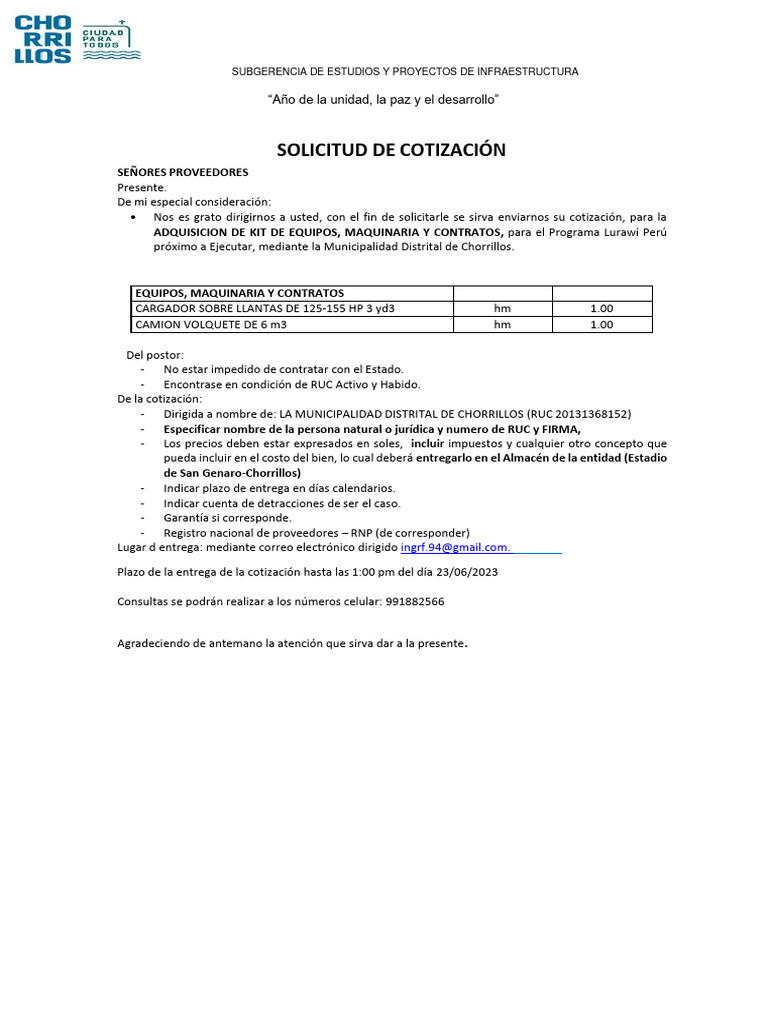 Solicitud de Cotizacion Equipos y Maquinarias | PDF